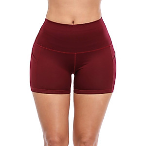 CADMUS High Waist Athletic Shorts for Womens Yoga Fitness Workout Running Shorts with Deep Pockets,3 Pack,1016,Black & Grey & Wine Red,Large