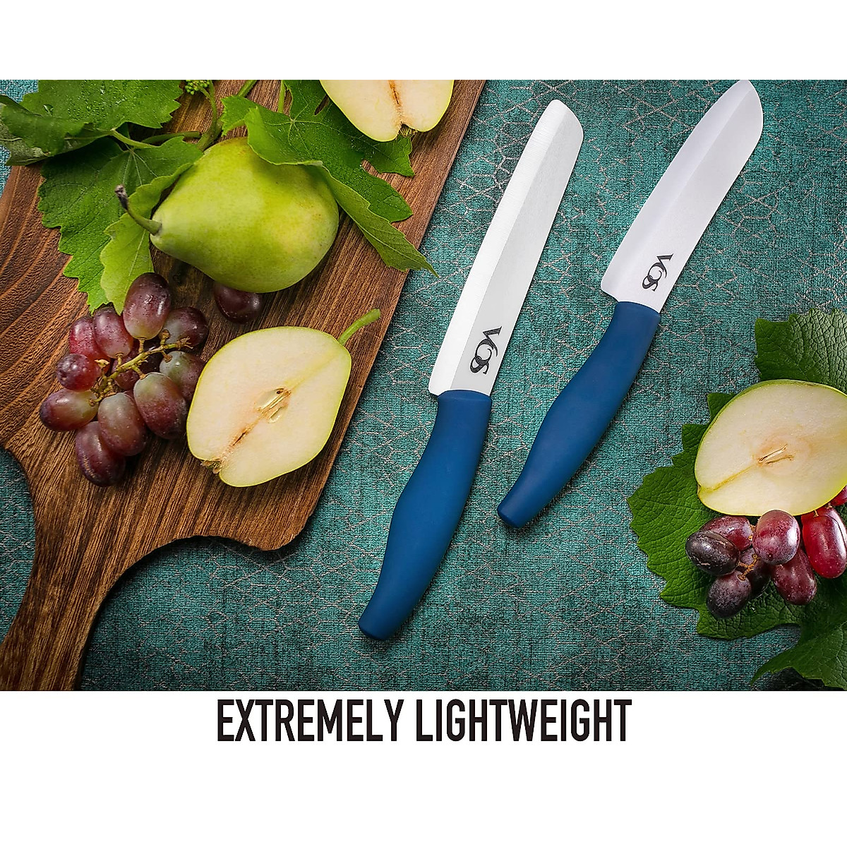 Vos Universal Knife Block and Ceramic Kitchen Knives With Peeler, Ceramic Paring Knife 4", 5", 6", 7", 8" Inch Blue