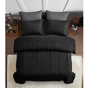 Maple&Stone Queen Size Comforter Set 7 Pieces Bed in a Bag - Down Alternative Bed Set with Sheets, Pillowcases & Shams, Soft Reversible Duvet Insert for Queen Bed, Black