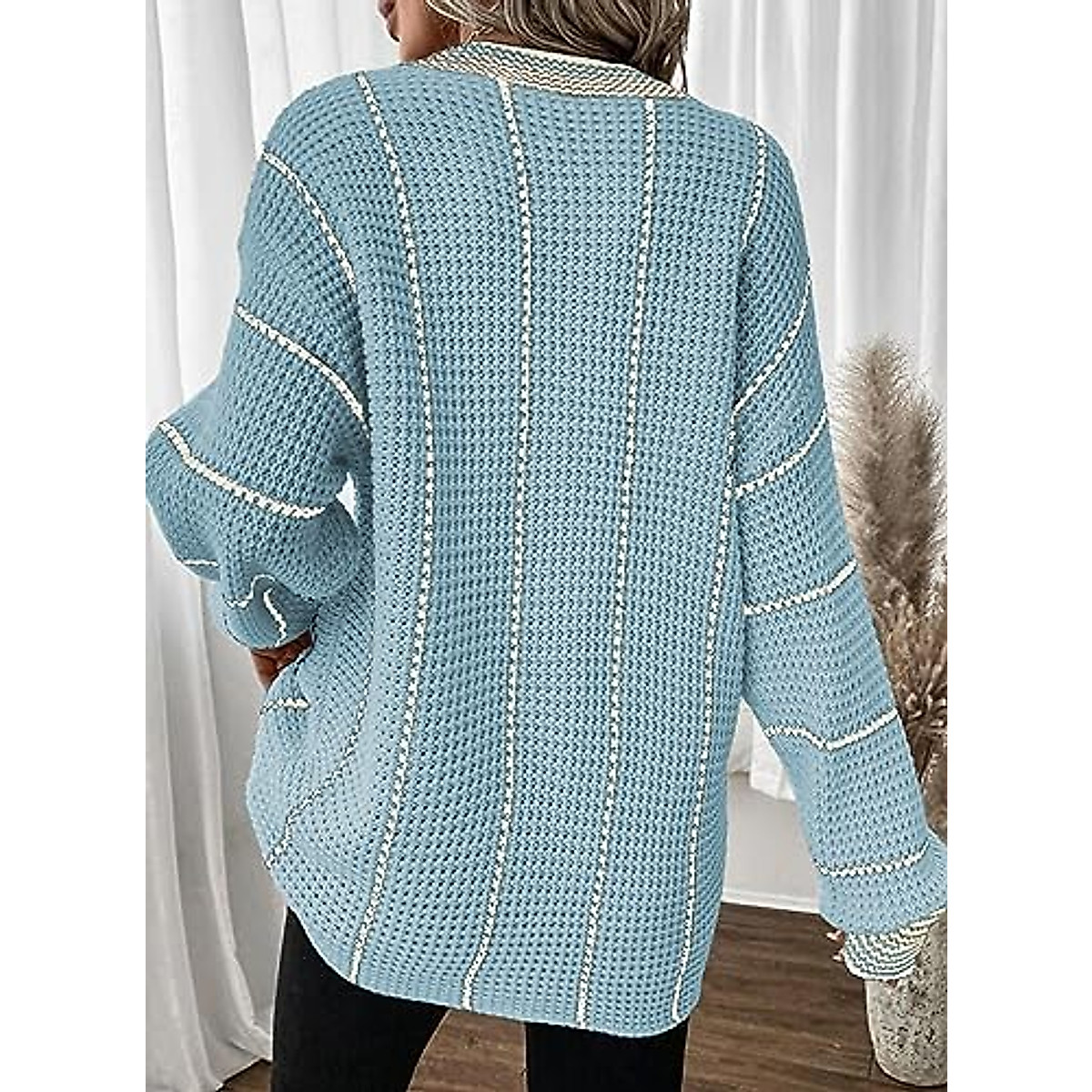 Dokotoo Womens Winter Sweaters 2023 Striped Long Jumper Tops Fashion Color Block V Neck Oversized Sweaters for Women Sky Blue Small