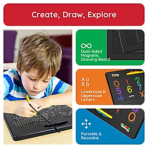 PicassoTiles 2-in-1 Magnetic Drawing Board Toy 12x10 inch Large Magnet Bead Tablet Pad with 2 Facings Alphabets STEM Educational Erasable & Reusable Learning Writing Playboard in Black PTB03