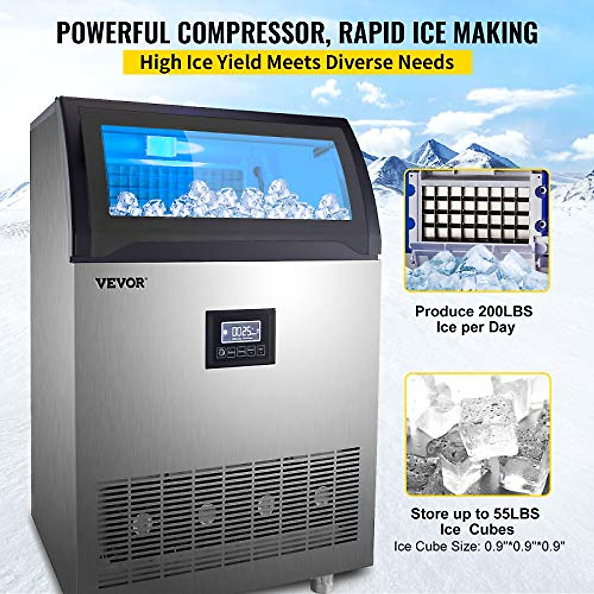 VEVOR Commercial Ice Maker Machine 200LBS/24H, 710W Stainless Steel Ice Machine with 55LBS Storage Capacity, 90 Ice Cubes Ready in 11-15Mins, Includes Water Filter and Connection Hose