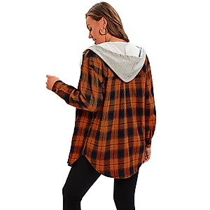 Womens Flannel Shirts Long Sleeve Oversized Boyfriend Shirts Button Down Plaid Hoodie Orange