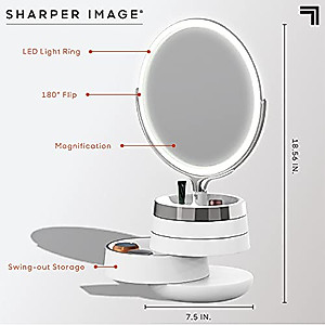 Sharper Image Spastudio Vanity Plus 10-Inch LED Mirror with Storage Trays, Touch-Activated Brightness Controls, Dimmable Halo Light Ring, 5X and 10X Magnification