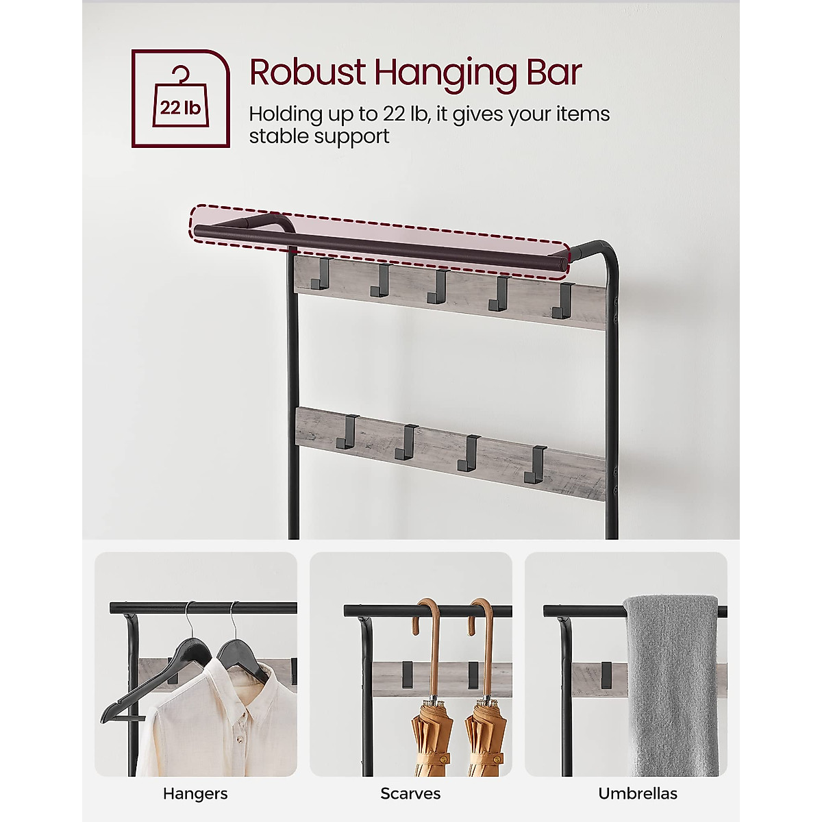 VASAGLE Coat Rack, Hall Tree with Shoe Bench for Entryway, Entryway Bench with Coat Rack, 4-in-1, with 9 Removable Hooks, a Hanging Rod, 13.3 x 28.3 x 72.1 Inches, Greige and Black UHSR40MB