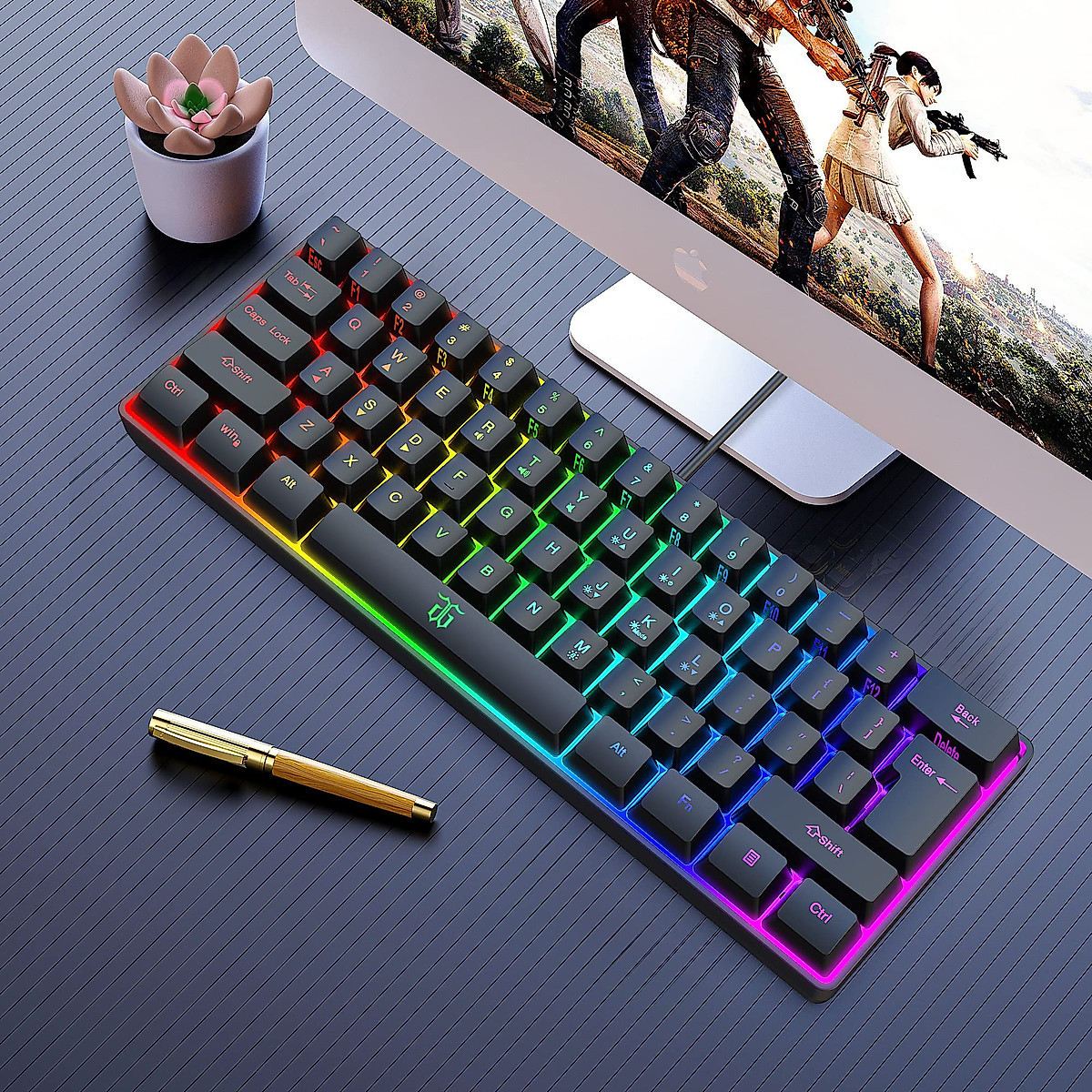 K60 61 Keys Multi Color RGB Illuminated LED Backlit Wired Gaming Keyboard, Waterproof Mini Compact 60 percent keyboard, for PC/Mac Gamer, Typist, Travel, Easy to Carry on Business Trip