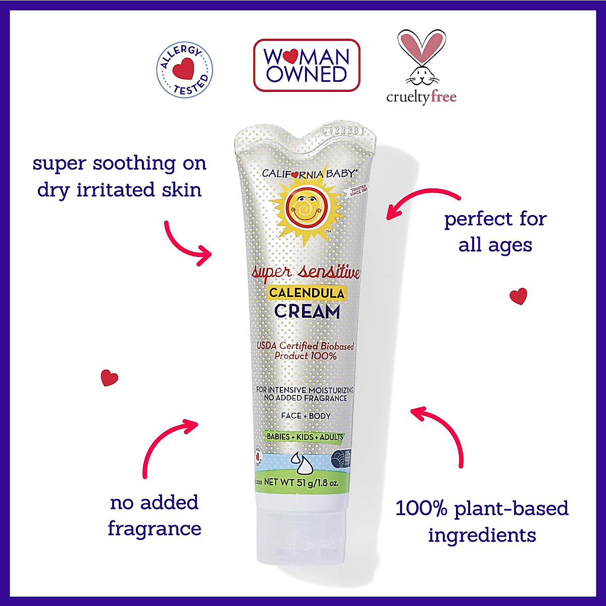 California Baby Calendula Cream (Unscented) | Soothing Baby Face Cream | 100% Plant-Based | Organic Calendula + Aloe Vera | Unscented Lotion For Sensitive Skin | Allergy Friendly | 1.8 oz / 51g