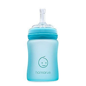 Hamarue 3-in-1 Glass Sippy Cups for Toddlers | Silicone Coated Glass Baby Bottles | Non-Toxic Transition Cup for Baby with Removeable Handles | Baby Straw Cup NB+, 3M, 6M, 12M (Teal, 5 oz)