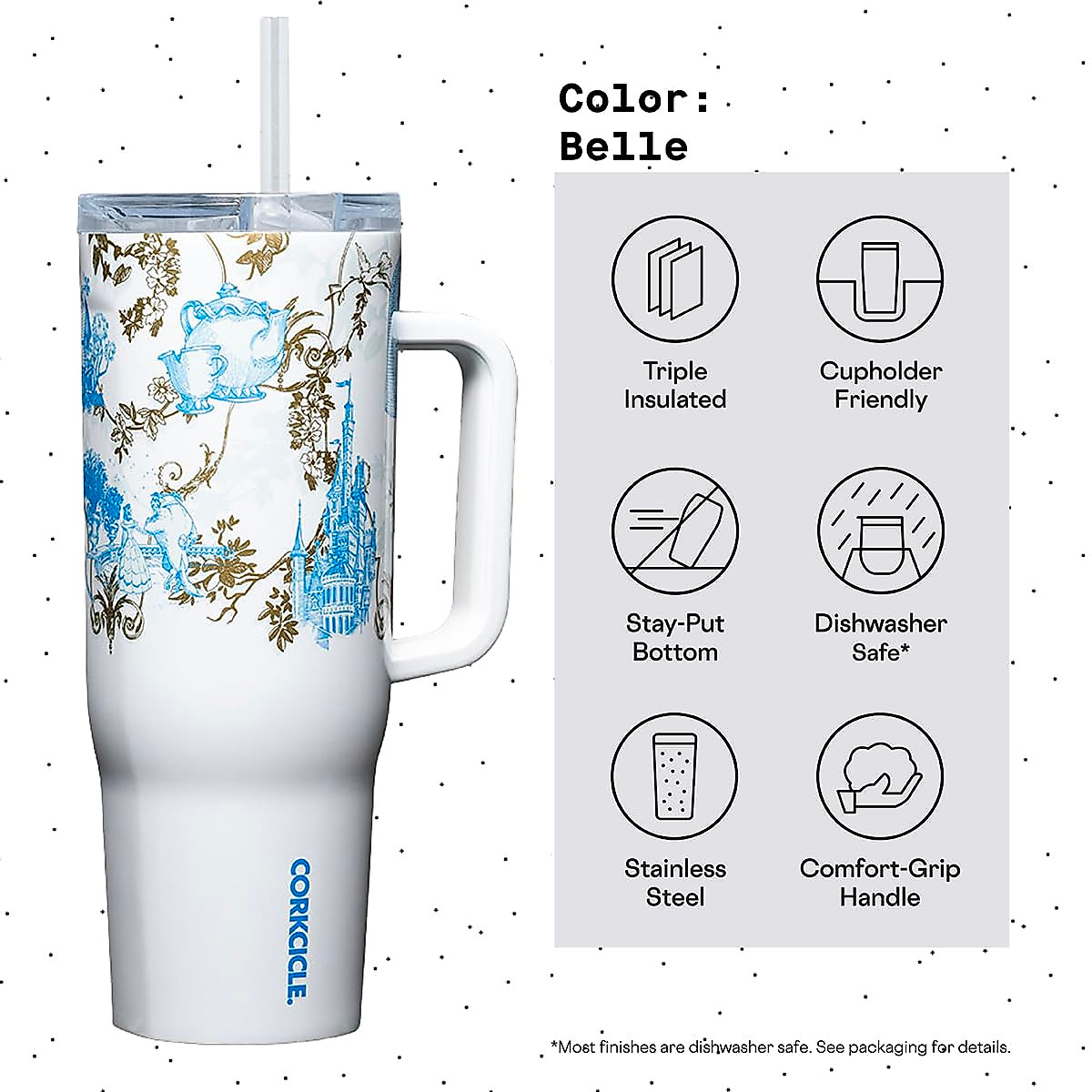 Corkcicle x Disney Princess Belle Cruiser Insulated Tumbler with Handle & Straw - 40 oz Reusable Water Bottle Keeps Beverages Cold for 20 Hrs, Hot for 9 Hrs – Cupholder Friendly, Spill Proof Tumbler