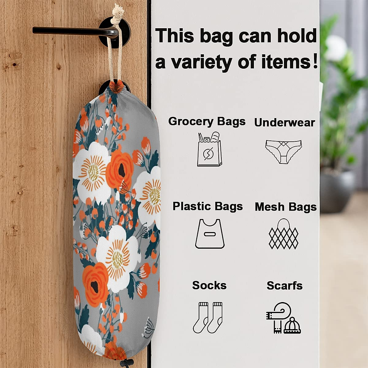 Plastic Bag Holder Funny Poppy Flowers Wall Mount Grocery Bag Organizer Holder Hanging Trash Bag Storage Dispenser for Home Kitchen Pantry Door Organization Decor
