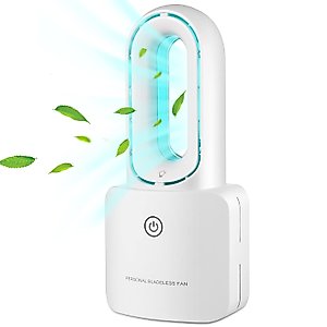 Bladeless Desk Fan Rechargeable, Small Bladeless Personal Fan Quiet Mini Table Fan, 12''Small Fan for Bedroom and Office, USB or 4000mAh Battery Operated, with Touch Control 6-Colors LED Light