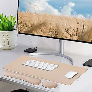 Bloss Leather Desk Pad and Keyboard Wrist Rest, Large Mouse Pad + Keyboard Pad+Mouse Wrist Support, Non-Slip Desk Mat Protector for Office, Home(31.5×15.7 Inches,Beige)