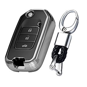 SANRILY Soft Transparent Frosted Flip Key Fob Cover for Honda Odyssey Civic Fit CR-V XR-V BR-V Jade Accord Vezel Pilot Crider Keyless Key Case with Keychain Black