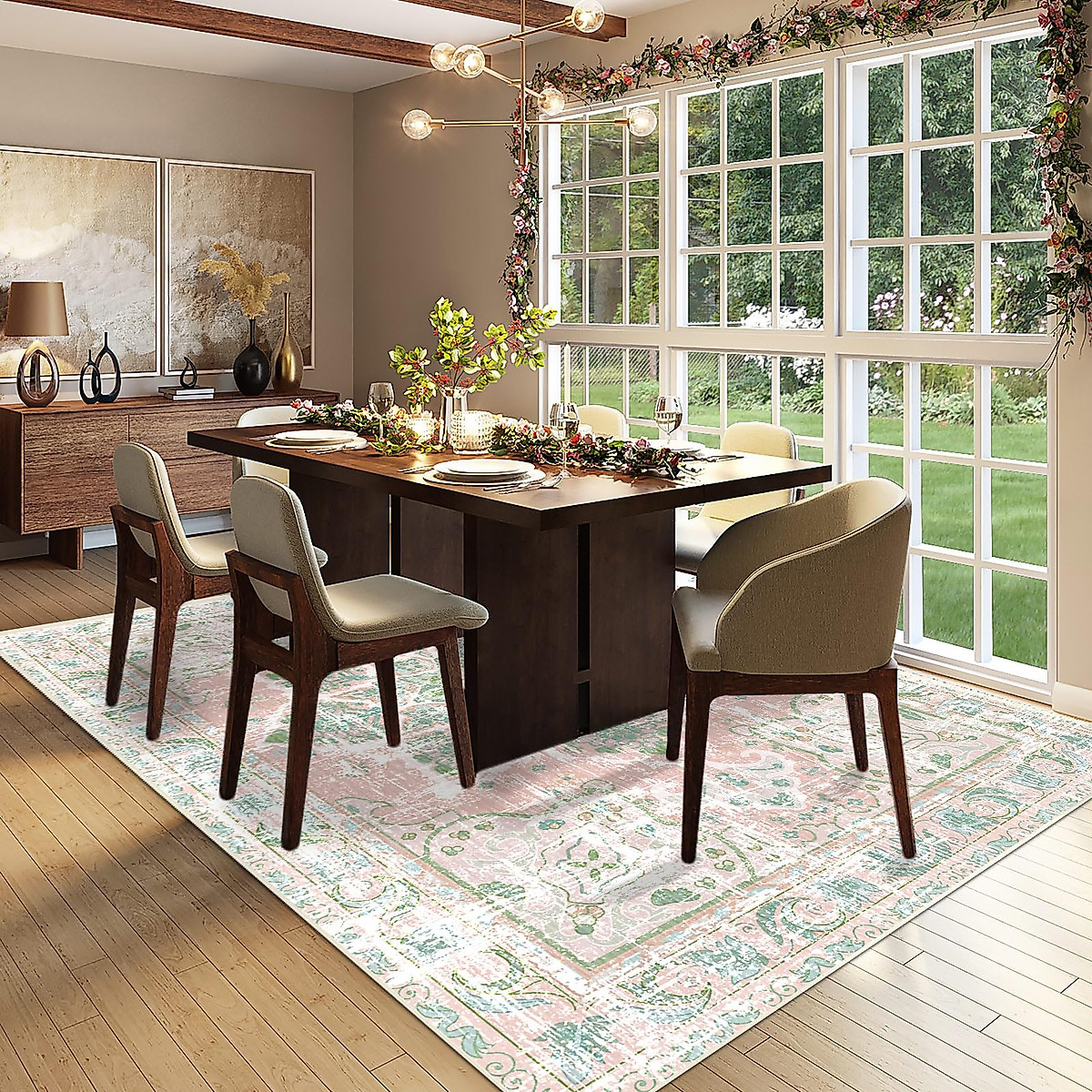 Vhong Boho Area Rugs Vintage Washable Neutral Modern Dusty Pink and Green 5x7 Non Slip Carpet for Nursery Living Room Dining Room Bedroom Farmhouse Girls'Room