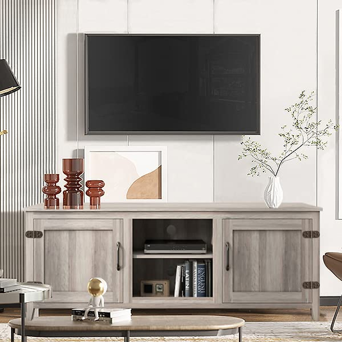 WESOME TV Stand for 50/55/60/65/70/75/80 TVs, Large Farmhouse Barn Door Wooden Media Console with Adjustable Shelves, Rustic TV Console Table Cabinet for Living Room Bedroom 70 Inch (Grey Wash)
