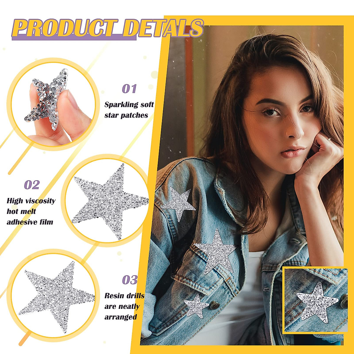 Syhood 24 Pieces Star Patches Iron on Patches Star Appliques Rhinestone Adhesive Sequin Star Patches Glitter Star Patches Appliques for Clothing Jeans Repair Decoration(1.57/2.36/3.15 Inch,Silver)