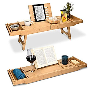 Navaris Bed and Bath Tray - Wooden Rack with Folding Legs - Bamboo Bathtub Caddy Bridge Shelf with Book or Tablet Stand - Natural Brown