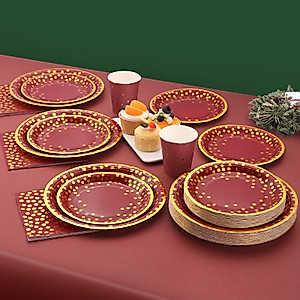 Gudvilla Burgundy and Gold Party Decorations, 200Pcs Burgundy Plates and Napkins Party Supplies, Serve 50, Maroon and Gold Graduation Decorations for Birthday Valentines Graduation Plates