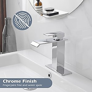 BWE Bathroom Faucet Chrome Modern Waterfall with Pop Up Drain for Sink 1 Single Hole Bathroom Sink Faucet Parts Spout Bath Lavatory Vanity Stopper Overflow and Supply Hose Single Handle Square
