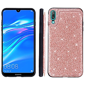 Asuwish Phone Case for Huawei Y7 2019/Y7 Prime 2019/7Y Pro Wallet Cover with Screen Protector and Card Holder Stand Bling Glitter Leather Cell Accessories Hawaii Enjoy 9 Dub-LX3 Women Girls Rose Gold