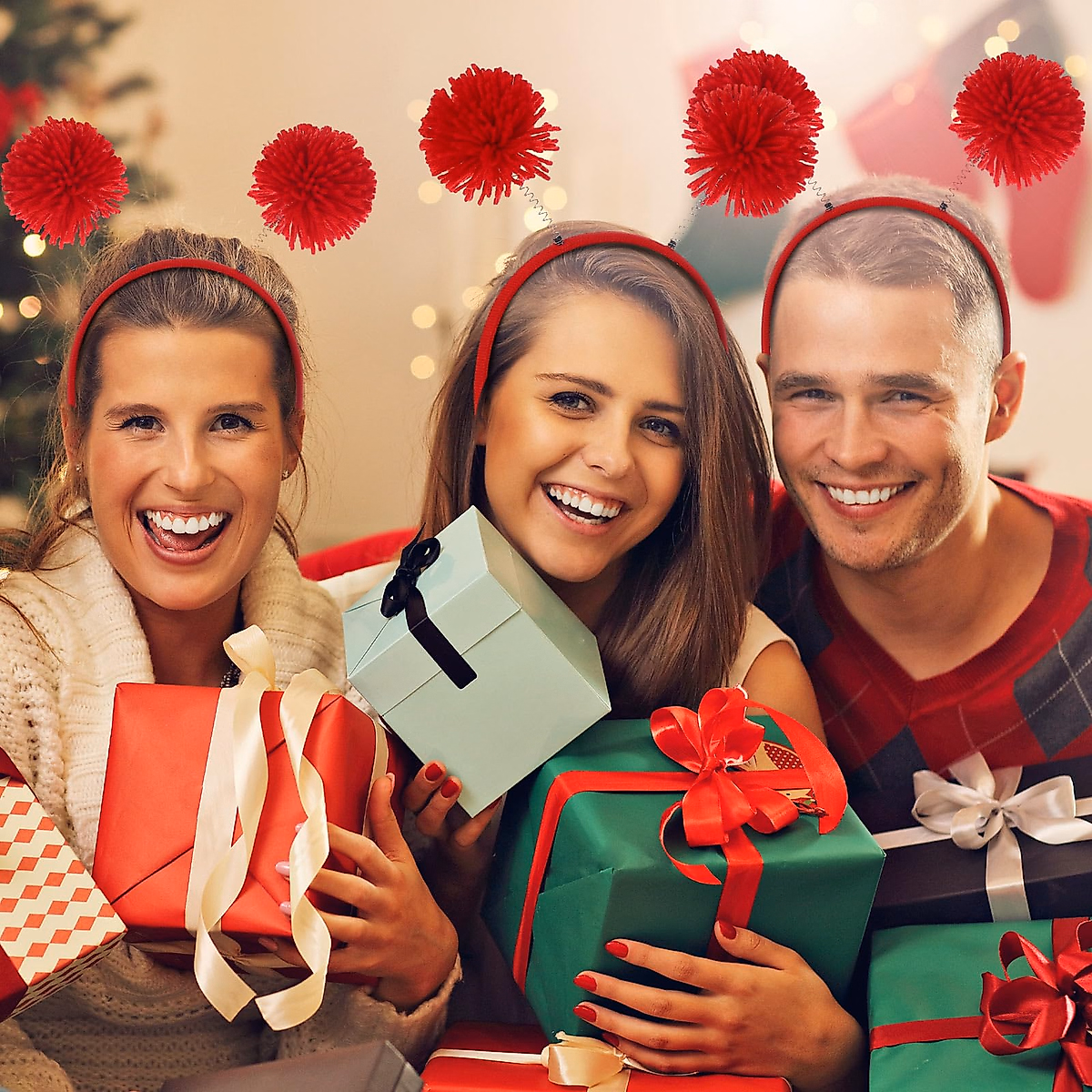 Censen 18 Pcs Pom Pom Headband Head Bopper Wrapped Funny Headband Birthday Halloween Party Headwear for Women Adult Accessory(Red)