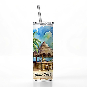 Personalized Custom Name Text Beach Resort Tropical Scene With Tiki Bar Skinny Tumbler 20oz with Straw Insulated Water Bottle Gift - 1 Line Horizontal