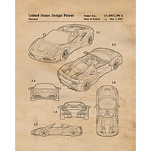 Classic Auto Patent Prints, 4 (8x10) Unframed Photos, Wall Art Decor Gift for Home Ferrari Office Engineer Aperta F430 F488 F8 Garage Work Shop School Student Teacher Coach F1 Team Car Race Champ