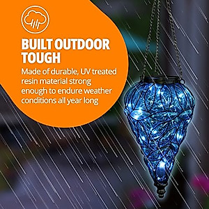 Exhart Outdoor Garden Solar Lights, Tear-Shaped Glass and Metal Hanging Lantern, 15 Firefly LED Lights, 7 x 24 Inch, Blue