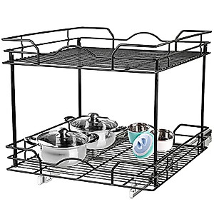 OCG Pull Out Cabinet Shlef 14" W x 18" D, 2 Tier Heavy Duty Slide Out Shelves, Pull Out Drawer for Cabinet, Black
