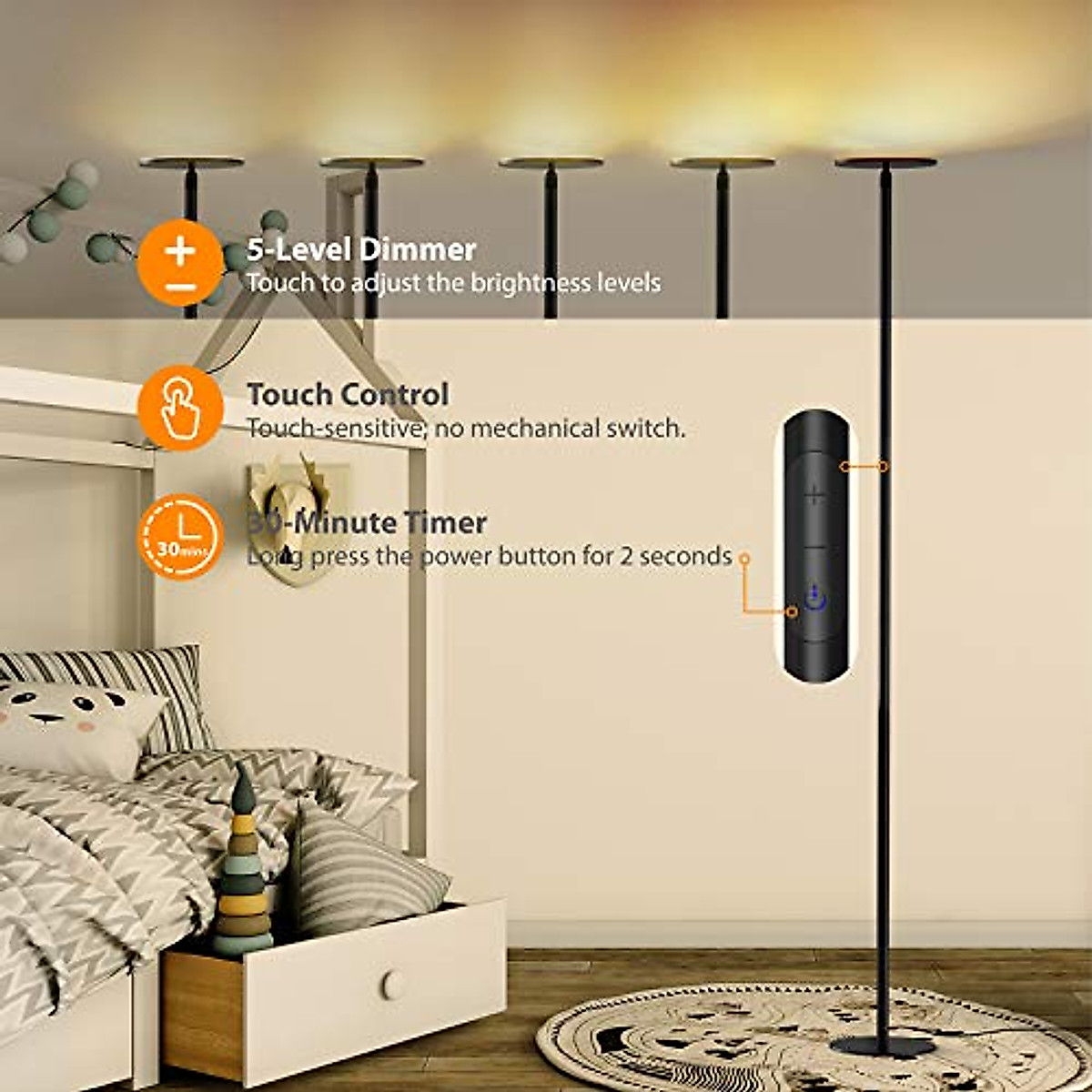 TROND LED Floor Lamp for Bedroom - 30W 5000 LM Super Bright Modern Standing Lamps for Living Room, Touch Control 5-Level Dimmable, 3000K Warm White Light, 30 mins Timer Tall Floor Lamp for Office Home