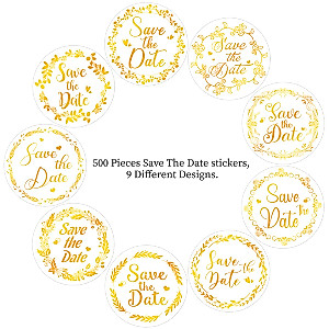 Save The Date Stickers Labels 500 Pieces Per Roll Real Gold Foil Embossed Envelope Stickers for Birthday Wedding Baby Shower Party Invitation 1.5 Inch