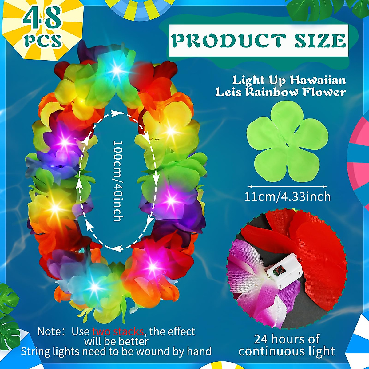 Sherr 48 Pcs LED Hawaiian Leis Light up Flower Leis Necklace with LED Lights Luau Flowers Necklaces for Masquerade Beach Wedding Tropical Themed Party Supplies(Colourful)