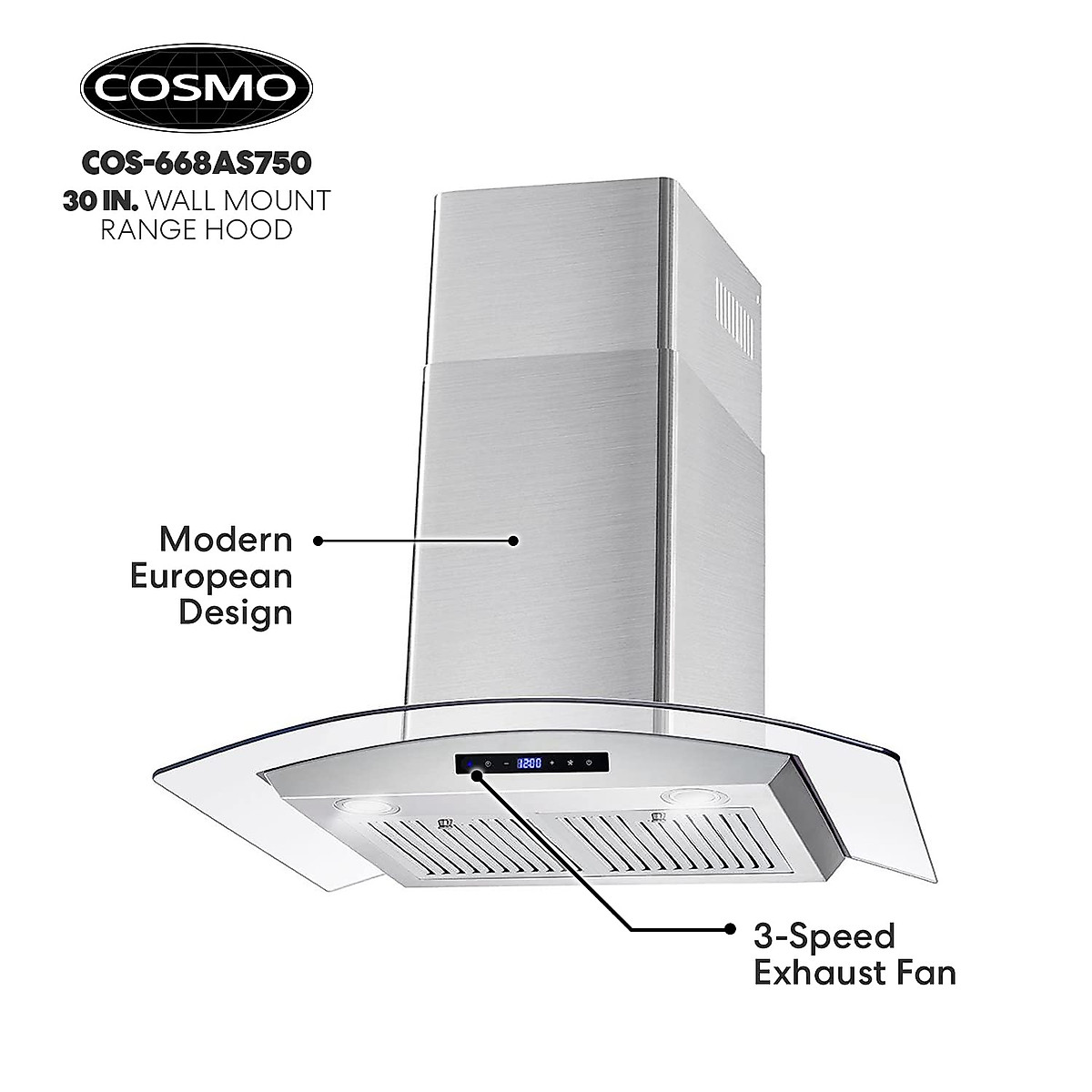 COSMO COS-668AS750 30 in. Wall Mount Range Hood with 380 CFM, Curved Glass, Ducted Convertible Ductless (additional filters needed, not included), 3 Speeds, Permanent Filters in Stainless Steel