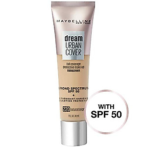 Maybelline Dream Urban Cover Flawless Coverage Foundation Makeup, SPF 50, Natural Beige
