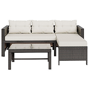 Vongrasig 3 Piece Patio Furniture Sets, All-Weather PE Wicker Outdoor Sofa Couch Sectional Set, Small Conversation Set for Garden/Patio w/Cushion, Glass Table, Beige