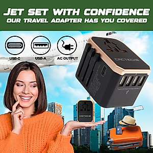 CACTECHS International Universal Travel Adapter Worldwide 4 USB 1 Type C Travel Charger, EU UK European Travel Plug Adapter Europe Power Outlet Converter, Travel Essentials Accessories - Gold