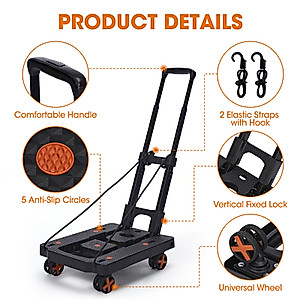 Folding Hand Truck, 100LBS Foldable Hand Truck Dolly, Adjustable Portable Luggage Cart with 4 Wheels, Utility Cart Collapsible Hand Truck & 2 Elastic Ropes for Luggage, Travel, Moving, Shopping