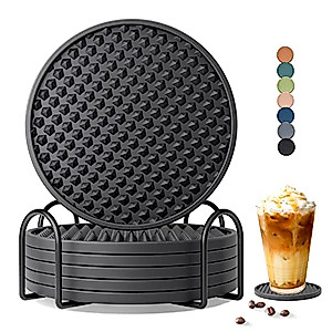 Drink Coasters Set of 6 with Holder, Silicone Coasters Tabletop Protection for Any Table Type, Wood, Glass, Stone Tables, Dishwasher Safe, Coasters for Drinks Fits Any Size of Drinking Glasses (Black)