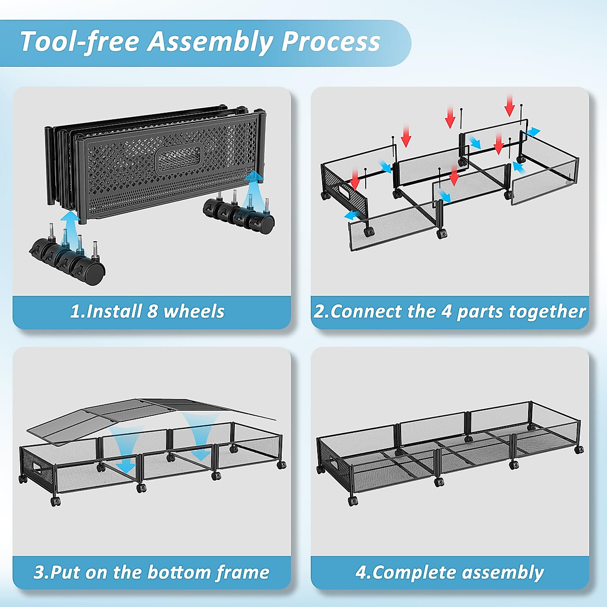 Nonkky 47.2'' Long Under Bed Storage, 57.6L Large Capacity Under Bed Storage with Wheels, Rolling Under the Bed Storage Containers, Tool-Free Assembly Foldable Underbed Shoes Clothes Storage Drawers