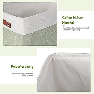 Lucky Monet 3PCS Foldable Fabric Storage Bin Set Collapsible Cotton Linen Storage Basket Cube Closet Organizer Box w/Faux Leather Handles (Green & White)