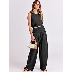 ANRABESS Women's 2 Piece Linen Lounge Set Casual Matching Pants Jumpsuit Summer Beach Travel Vacation Trendy Outfits Black Small