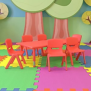 Flash Furniture 24''W x 48''L Rectangular Red Plastic Height Adjustable Activity Table Set with 6 Chairs
