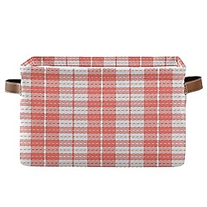 xigua Storage Basket Orange Coral Checkered Buffalo Storage Bin with Handle, Large Storage Cube Collapsible for Shelves Closet Bedroom Living Room 1PC