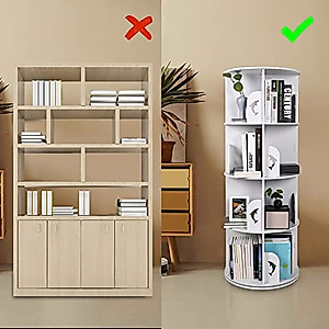 KMAXX Shoiberw Rotating Bookshelf，360 Display 4 Tier Floor Standing Bookcase Storage Rack, Wood Narrow Book Shelf Organizer for Bedroom, Living Room, White (1, Large)