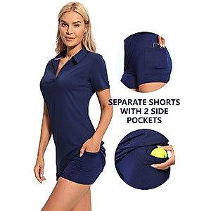 Hiverlay Golf Dresses for Women with Shorts and Pockets, V-Neck Short Sleeve Tennis Dress, Workout Athletic Dresses Navy Large