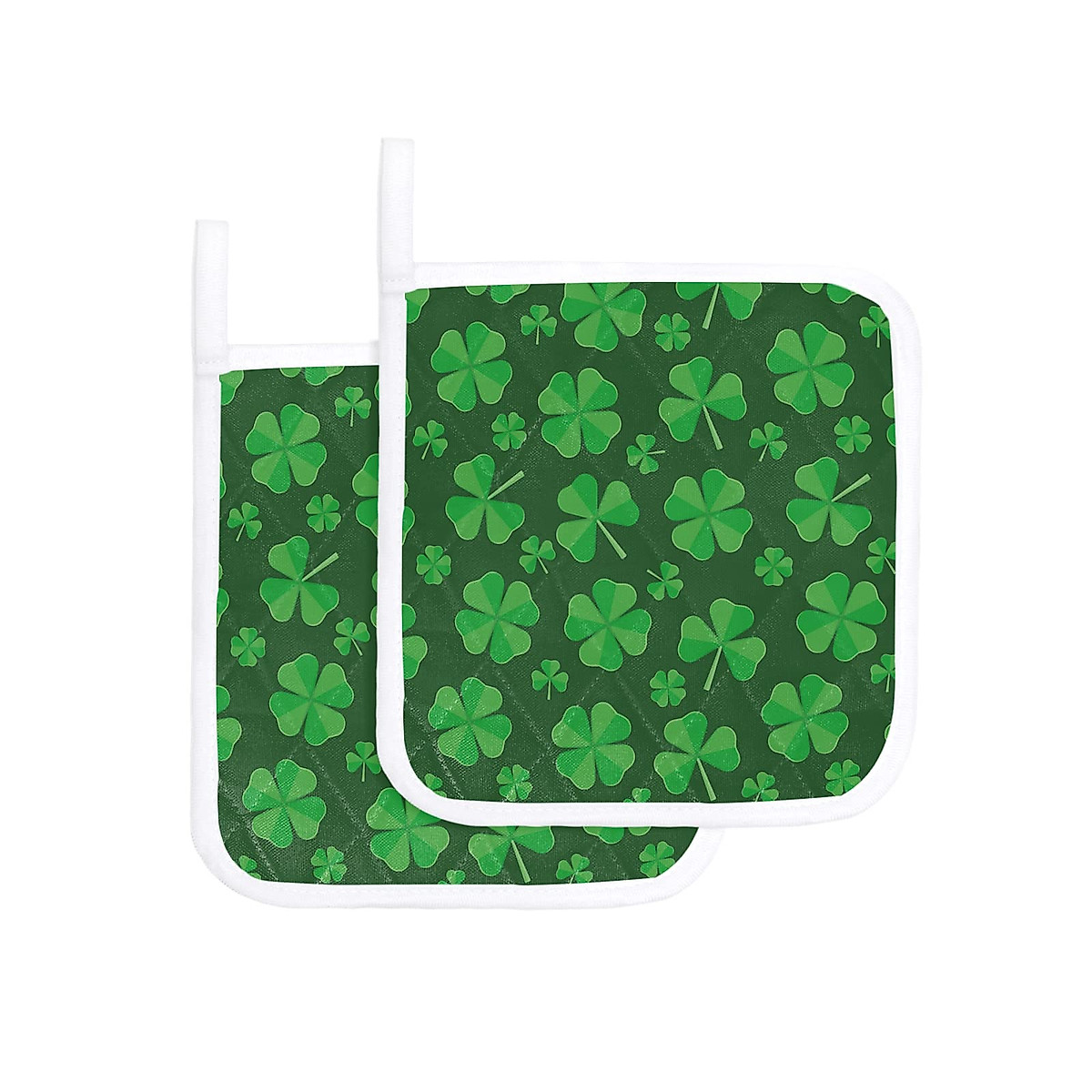 2 Pack Pot Holders for Kitchen,St. Patrick's Day Green Shamrock Heat Proof Potholder Hot Pads Trivet,Four Leaf Clover Black Back Seamless Washable Coaster Potholders for Cooking Baking Grilling