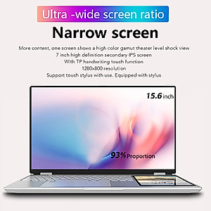 GOWENIC Double Screen Laptop for Win 11, 15.6 Inch IPS Screen Notebook with 7 Inch IPS Touch Screen, Laptop Computer with N5105 Quad Core 2.0GHz Processor (16GB+512GB US Plug)