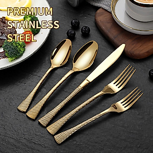 Lemeya Hammered Gold Silverware Set for 4,Stainless Steel 20-Piece Modern Cutlery Set,Mirror Polished Heavy Duty Flatware Set Utensil Set,Knives Spoons and Forks Set,Dishwasher Safe