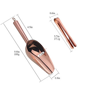 Mingcheng Stainless Steel Ice Scoop and Ice Tongs Small, Round Bottom Bar Ice Utility Scoop, 6 Inches Serving Tongs with Teeth for Large Cubes, Freezer, Ice Bucket Copper, Set of 3 (Rose Gold)