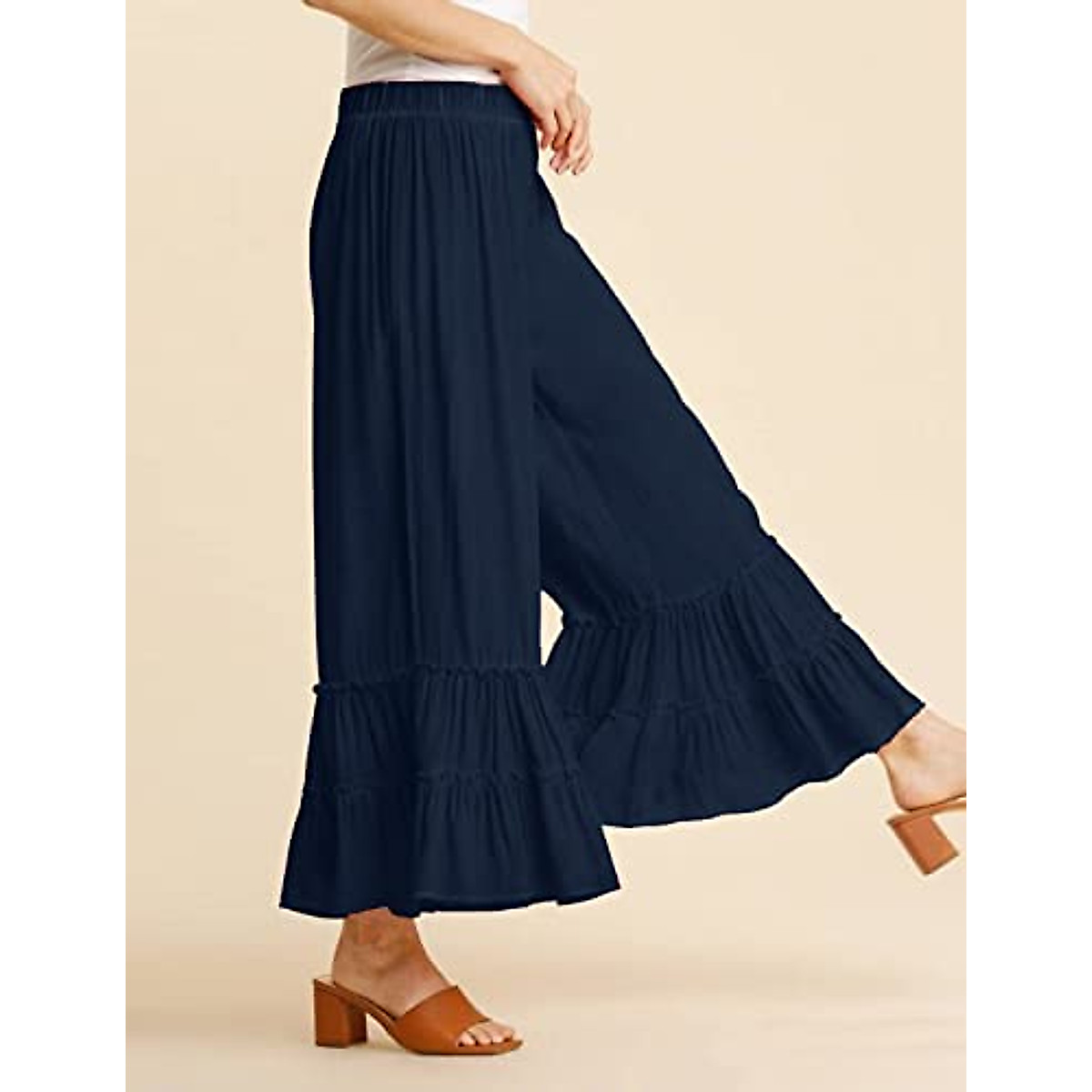 Mundoven Flowy Palazzo Linen Pants for Women Elastic High Waisted Wide Leg Ruffle Ruched Loose Beach Trousers (0004-Blue-XL)